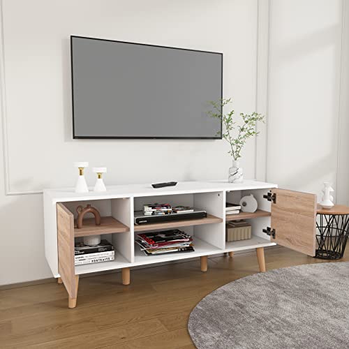 Gdvsclr TV Stand, TV Console Media Cabinet with Push Up Open Doors and Cable Collection Holes for TVs Up to 60 Inch Flat Screen for Living Room Bedroom, White + Oak