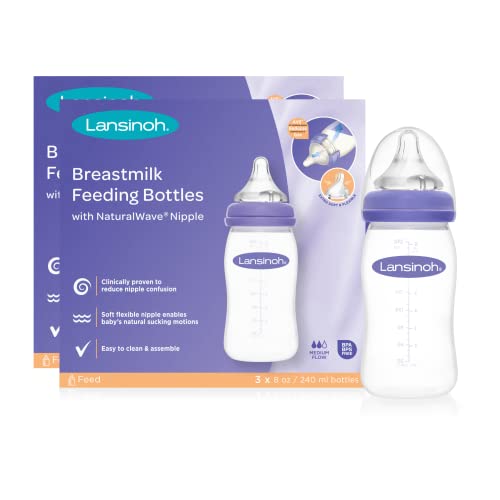 Lansinoh Baby Bottles for Breastfeeding Babies, 8 Ounces, 6 Count, Includes 6 Medium Flow Nipples (Size 3M)