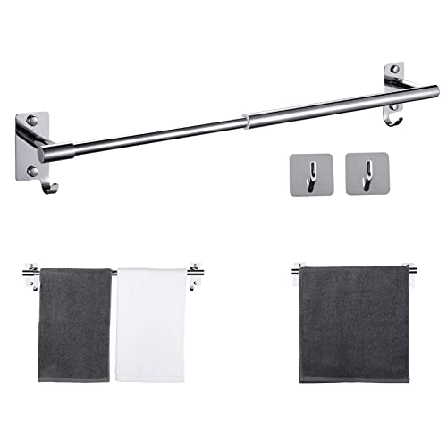 QMLALA Adjustable Towel Bar, Stainless Steel 14.5-23.6 Inches Towel Rack, Bathroom Kitchen Wall Shelf Expandable Hand Holder Towel Rod with Hooks Adhesive - Chrome