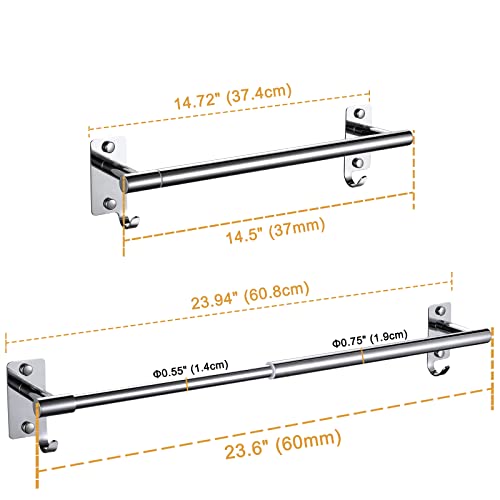 QMLALA Adjustable Towel Bar, Stainless Steel 14.5-23.6 Inches Towel Rack, Bathroom Kitchen Wall Shelf Expandable Hand Holder Towel Rod with Hooks Adhesive - Chrome