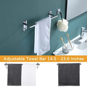 QMLALA Adjustable Towel Bar, Stainless Steel 14.5-23.6 Inches Towel Rack, Bathroom Kitchen Wall Shelf Expandable Hand Holder Towel Rod with Hooks Adhesive - Chrome