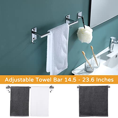 QMLALA Adjustable Towel Bar, Stainless Steel 14.5-23.6 Inches Towel Rack, Bathroom Kitchen Wall Shelf Expandable Hand Holder Towel Rod with Hooks Adhesive - Chrome