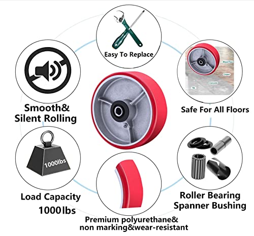 5"X 2" Heavy Duty Casters Wheels - Industrial Caster Wheels Polyurethane Caster Wheel with Strong Load-Bearing Capacity 4000 LB, Heavy Duty casters Wheel -Set of 4, Widely Used in Tool Box,Trail Jack