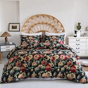 dark green botanical duvet cover twin red yellow floral green leaves printed pattern bedding duvet cover set soft and breathable microfiber comforter cover with zipper and corner ties