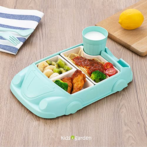 Kids garden Car Plate 8Pcs/Set Bamboo Children Dinnerware Sets - Dishwasher/Microwave Safe Includes Cutlery, Beautiful Plate, Separable Bowls & Cup Happy MealTime, Light Green, YK-001