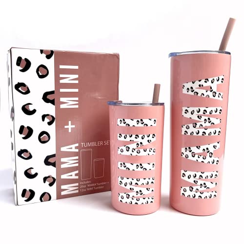 Mama and Mini Tumbler Set - Insulated Stainless Steel, Spill Proof with Straw, Dishwasher Safe. Tumbler. Toddler Mugs. Mommy Me Accessories, 20oz 12oz (Blush Pink Leopard Print), 2 Piece Assortment