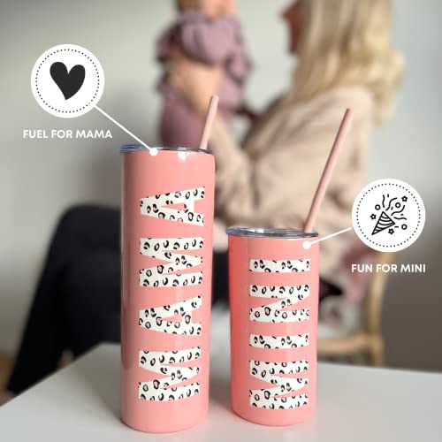 Mama and Mini Tumbler Set - Insulated Stainless Steel, Spill Proof with Straw, Dishwasher Safe. Tumbler. Toddler Mugs. Mommy Me Accessories, 20oz 12oz (Blush Pink Leopard Print), 2 Piece Assortment