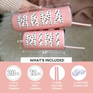 Mama and Mini Tumbler Set - Insulated Stainless Steel, Spill Proof with Straw, Dishwasher Safe. Tumbler. Toddler Mugs. Mommy Me Accessories, 20oz 12oz (Blush Pink Leopard Print), 2 Piece Assortment