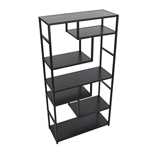 Household Essentials Black Oak Geometric Tall Open Book Shelf | Mid Century Modern Shelves