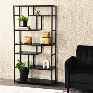 Household Essentials Black Oak Geometric Tall Open Book Shelf | Mid Century Modern Shelves