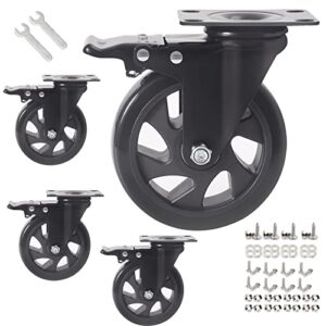 5 inch caster wheels with brake 2200lbs,heavy duty casters set of 4,swivel plate casters with double ball bearings,premium pvc furniture caster wheels for carts,workbench(hardware included)