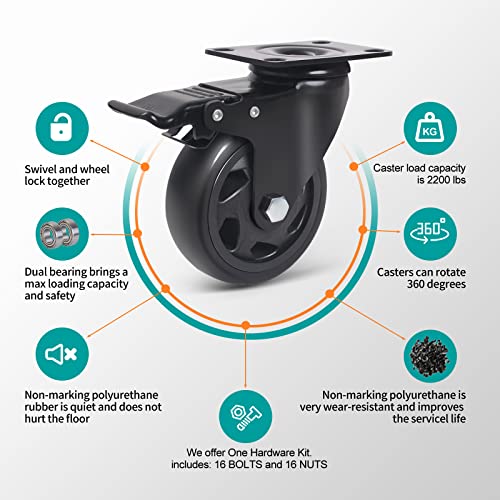 5 Inch Caster Wheels with Brake 2200lbs,Heavy Duty Casters Set of 4,Swivel Plate Casters with Double Ball Bearings,Premium PVC Furniture Caster Wheels for Carts,Workbench(Hardware Included)