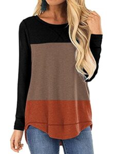 temofon women's tops long sleeve color block top casual loose crew neck soft blouse tunic t-shirts khaki block m