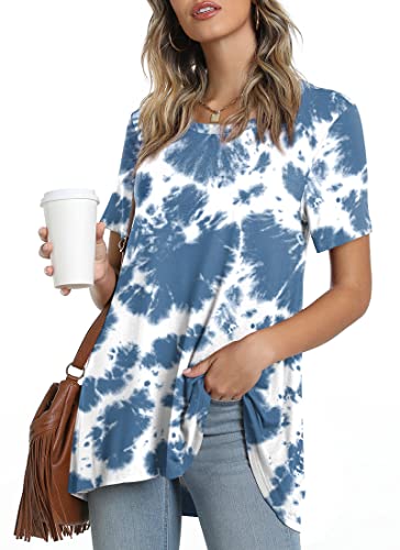 POPYOUNG Women's Summer Casual Short Sleeve Tunic Top for Leggings Crewneck Shirt Loose Blouse XXL, Blue Tie Dye