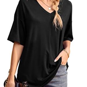 Iandroiy Womens Oversized Tees Loose T Shirts Half Sleeve V Neck Tops (Large, Black)