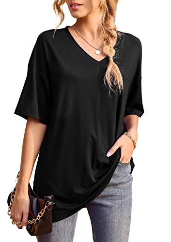 Iandroiy Womens Oversized Tees Loose T Shirts Half Sleeve V Neck Tops (Large, Black)