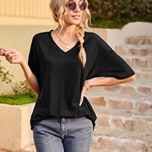 Iandroiy Womens Oversized Tees Loose T Shirts Half Sleeve V Neck Tops (Large, Black)