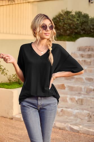 Iandroiy Womens Oversized Tees Loose T Shirts Half Sleeve V Neck Tops (Large, Black)