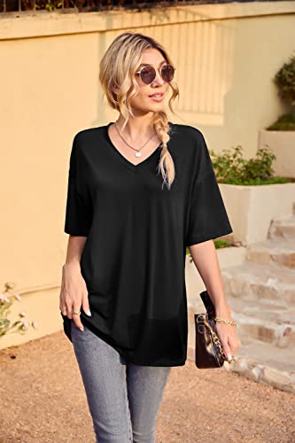 Iandroiy Womens Oversized Tees Loose T Shirts Half Sleeve V Neck Tops (Large, Black)