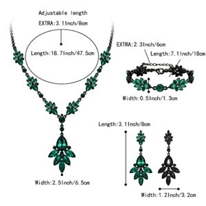 BriLove Wedding Bridal Jewelry Set Marquise Crystal Teardrop Necklace Earring Bracelet Set Gift for Women Brides Emerald Color Black-Tone