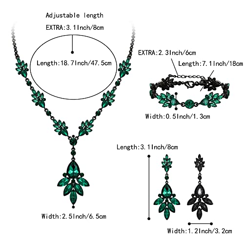 BriLove Wedding Bridal Jewelry Set Marquise Crystal Teardrop Necklace Earring Bracelet Set Gift for Women Brides Emerald Color Black-Tone