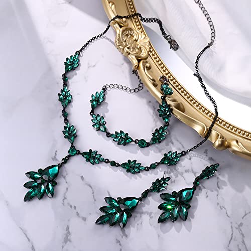 BriLove Wedding Bridal Jewelry Set Marquise Crystal Teardrop Necklace Earring Bracelet Set Gift for Women Brides Emerald Color Black-Tone