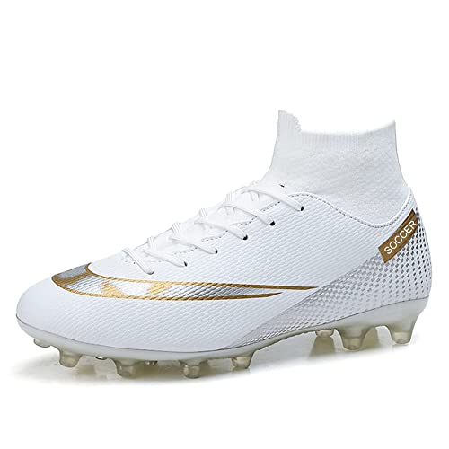 MFSH Unisex-Cleats Soccer Shoes for Big Boy Fg/ag High-top Spikes Football Shoes for Younth Professional Training Turf Indoor Ankle Boots Athletic Sneaker A-White