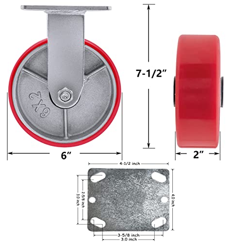 6"X 2" Heavy Duty Casters - Industrial Casters Polyurethane Caster with Strong Load-bearing Capacity 1200 LB, Rigid Caster, Widely Used in Furniture,WorkBrench,Tool Box(1 Rigid)