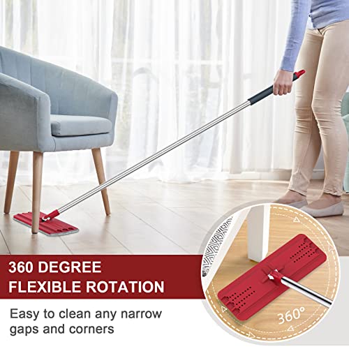 BOSHENG Mop and Bucket with Wringer Set, Hands Free Flat Floor Mop and Bucket, 3 Washable Microfiber Pads Included, Wet and Dry Use, Home Floor Cleaning System, Black and Red