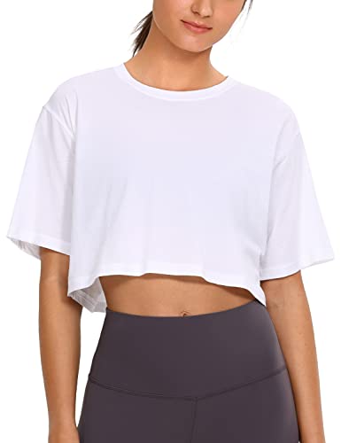 CRZ YOGA Women's Pima Cotton Workout Crop Tops Short Sleeve Yoga Shirts Casual Athletic Running T-Shirts White Medium