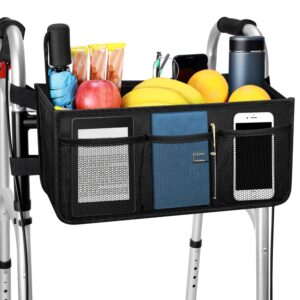 upgrade dotday walker basket walker bag water cup holder, foldable walker storage bag with big capacity & never tipping over, best gift for family - black (not fit rollator walkers)