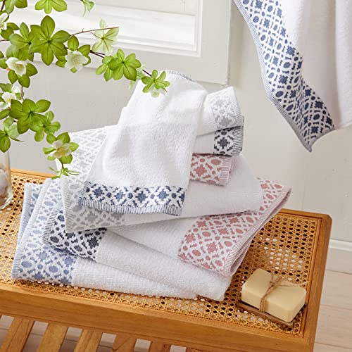 100% Turkish Cotton Luxury Towel Set | Super Soft and Highly Absorbent | Textured Dobby Border | 550 GSM | 2 Bath Towels, 2 Hand Towels, & 2 Washcloths | Nitra Collection (White / Denim Blue)