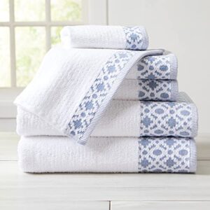 100% Turkish Cotton Luxury Towel Set | Super Soft and Highly Absorbent | Textured Dobby Border | 550 GSM | 2 Bath Towels, 2 Hand Towels, & 2 Washcloths | Nitra Collection (White / Denim Blue)