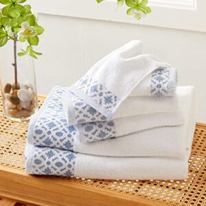 100% Turkish Cotton Luxury Towel Set | Super Soft and Highly Absorbent | Textured Dobby Border | 550 GSM | 2 Bath Towels, 2 Hand Towels, & 2 Washcloths | Nitra Collection (White / Denim Blue)