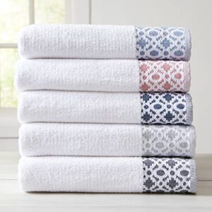 100% Turkish Cotton Luxury Towel Set | Super Soft and Highly Absorbent | Textured Dobby Border | 550 GSM | 2 Bath Towels, 2 Hand Towels, & 2 Washcloths | Nitra Collection (White / Denim Blue)