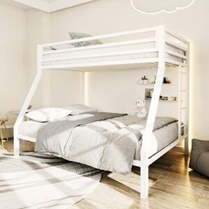 ikalido metal bunk bed, twin over full size beds with sturdy guard rail & removable ladder, space-saving/noise-free/matte white