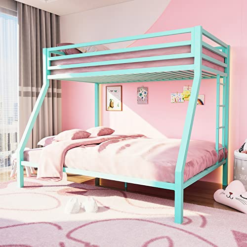 ikalido Metal Bunk Bed, Twin Over Full Size Beds with Sturdy Guard Rail & Removable Ladder, Space-Saving/Noise-Free/Aqua Green