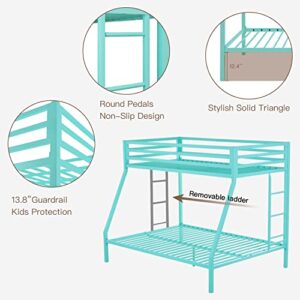 ikalido Metal Bunk Bed, Twin Over Full Size Beds with Sturdy Guard Rail & Removable Ladder, Space-Saving/Noise-Free/Aqua Green