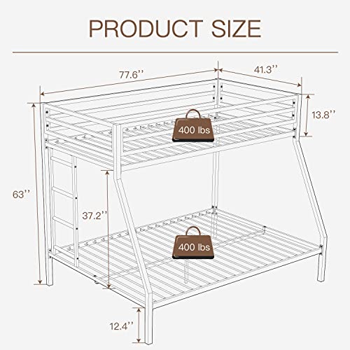 ikalido Metal Bunk Bed, Twin Over Full Size Beds with Sturdy Guard Rail & Removable Ladder, Space-Saving/Noise-Free/Aqua Green