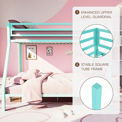 ikalido Metal Bunk Bed, Twin Over Full Size Beds with Sturdy Guard Rail & Removable Ladder, Space-Saving/Noise-Free/Aqua Green