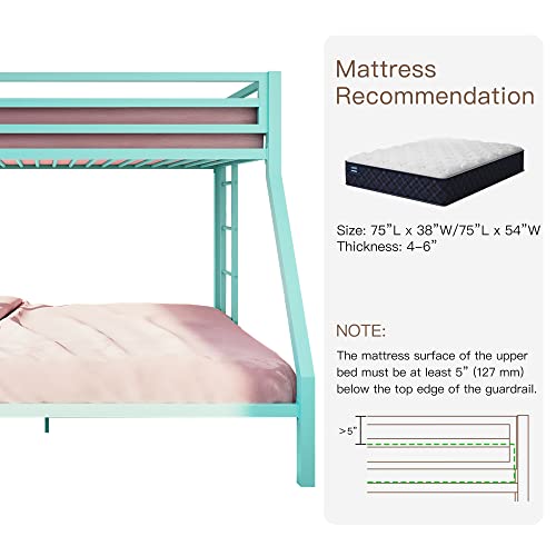 ikalido Metal Bunk Bed, Twin Over Full Size Beds with Sturdy Guard Rail & Removable Ladder, Space-Saving/Noise-Free/Aqua Green