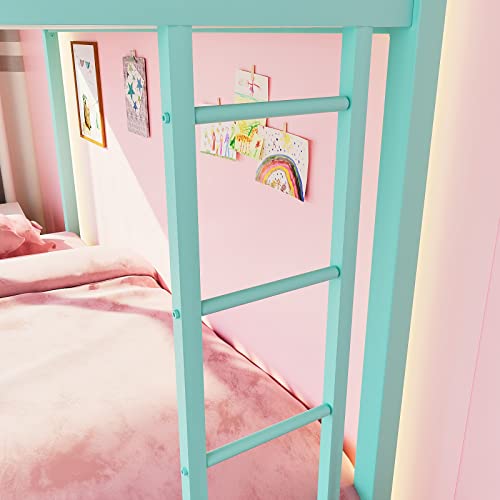 ikalido Metal Bunk Bed, Twin Over Full Size Beds with Sturdy Guard Rail & Removable Ladder, Space-Saving/Noise-Free/Aqua Green