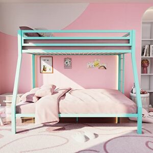 ikalido Metal Bunk Bed, Twin Over Full Size Beds with Sturdy Guard Rail & Removable Ladder, Space-Saving/Noise-Free/Aqua Green