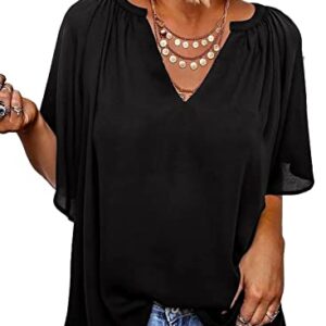 Dokotoo Womens Summer Tops Casual Short Sleeve Shirts V Neck Pleated Tunic Tops Loose Cute Bell Sleeve Chiffon Blouses for Ladies Plus Size,2XL(US 18-20),Black