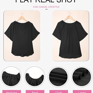 Dokotoo Womens Summer Tops Casual Short Sleeve Shirts V Neck Pleated Tunic Tops Loose Cute Bell Sleeve Chiffon Blouses for Ladies Plus Size,2XL(US 18-20),Black