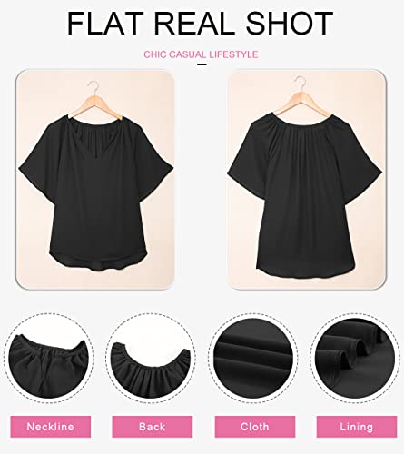 Dokotoo Womens Summer Tops Casual Short Sleeve Shirts V Neck Pleated Tunic Tops Loose Cute Bell Sleeve Chiffon Blouses for Ladies Plus Size,2XL(US 18-20),Black