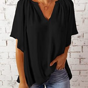 Dokotoo Womens Summer Tops Casual Short Sleeve Shirts V Neck Pleated Tunic Tops Loose Cute Bell Sleeve Chiffon Blouses for Ladies Plus Size,2XL(US 18-20),Black