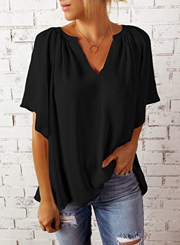 Dokotoo Womens Summer Tops Casual Short Sleeve Shirts V Neck Pleated Tunic Tops Loose Cute Bell Sleeve Chiffon Blouses for Ladies Plus Size,2XL(US 18-20),Black