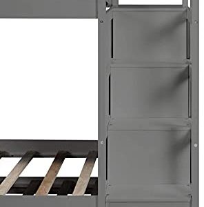 STP-Y Solid Wood Bunk Bed Frame No Box Spring Needed with Guardrails, Ladder and Storage Stairs for and Teens Platform, Twin Over Full, Gray (Color : Grey with Hiden Drawers)