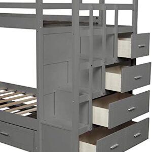 STP-Y Solid Wood Bunk Bed Frame No Box Spring Needed with Guardrails, Ladder and Storage Stairs for and Teens Platform, Twin Over Full, Gray (Color : Grey with Hiden Drawers)